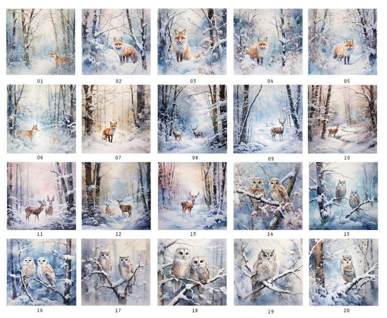 Digital Winter Woodland Watercolor Paper, Fox, Deer, Bear, Wolves ...