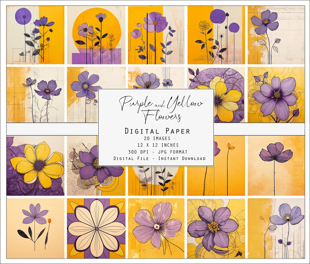 Digital Paper | Yellow and Purple Flowers | Abstract Prints ...