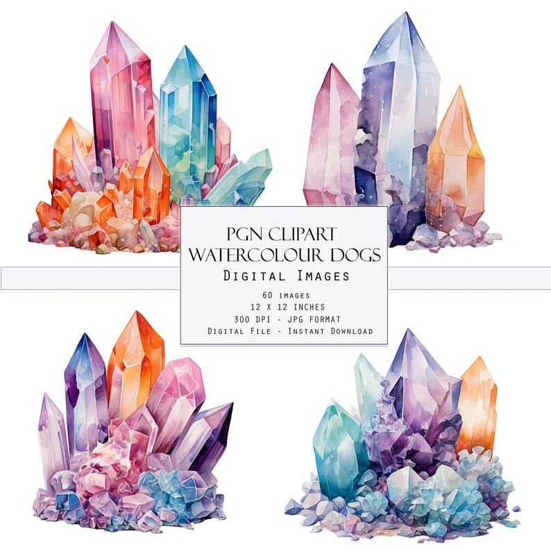 20 Watercolor Crystal Clipart Bundle , Crystal PNG File, Beautiful ...