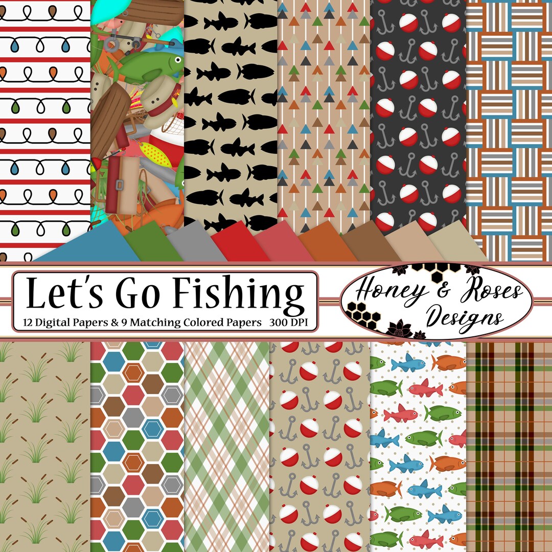 LET'S GO FISHING Digital Papers, 12" X 12" High Quality Jpegs, Fish ...