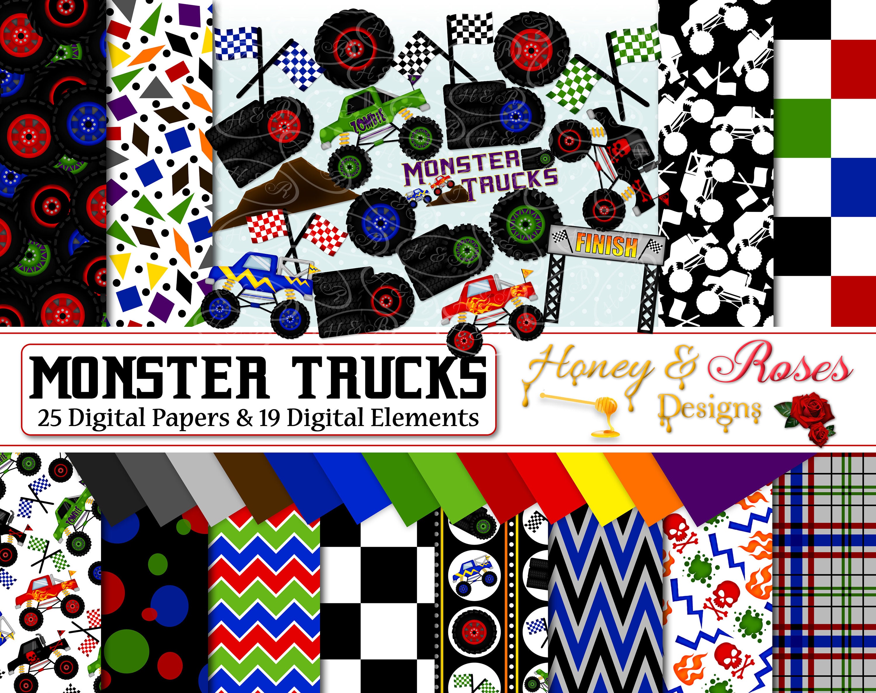 MONSTER TRUCKS Digtal Papers & Clipart, 12" X 12" High Quality Jpegs ...