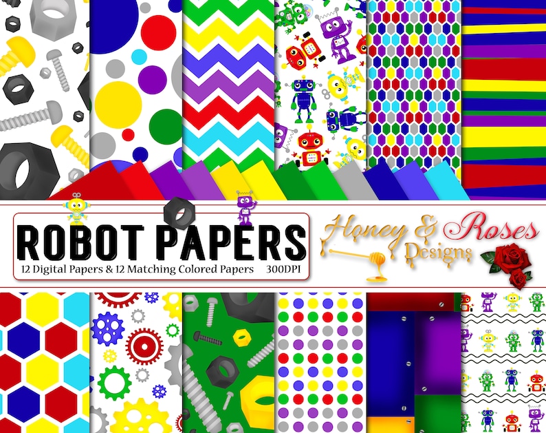 ROBOTS Digital Papers, 12" X 12" High Quality Jpegs, Robot, Gear, Screw ...