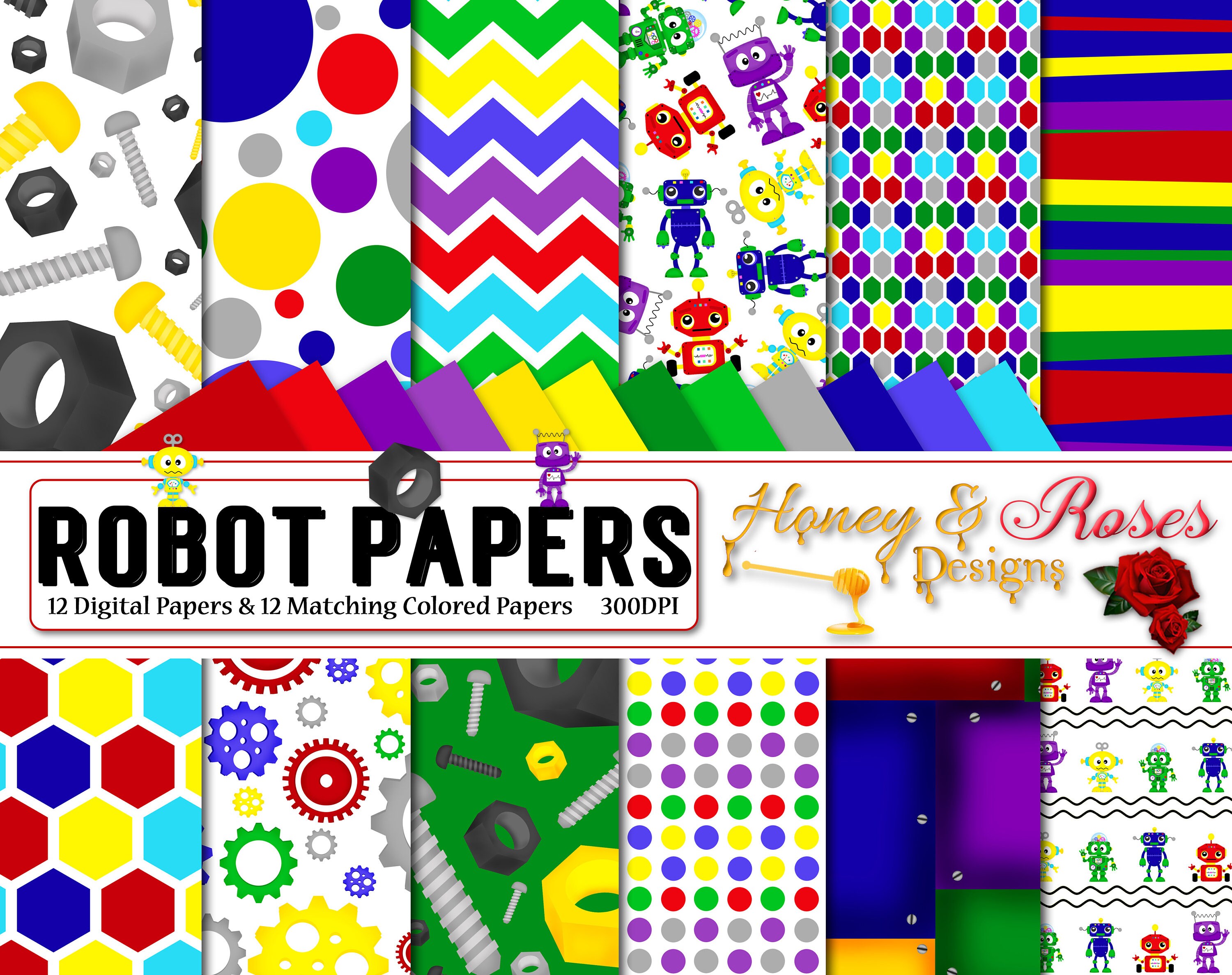 ROBOTS Digital Papers, 12" X 12" High Quality Jpegs, Robot, Gear, Screw ...
