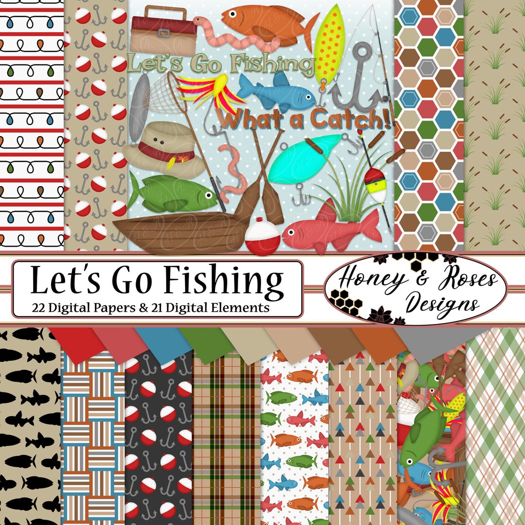LET'S GO FISHING Digtal Papers & Clipart, 12" X 12" High Quality Jpegs ...