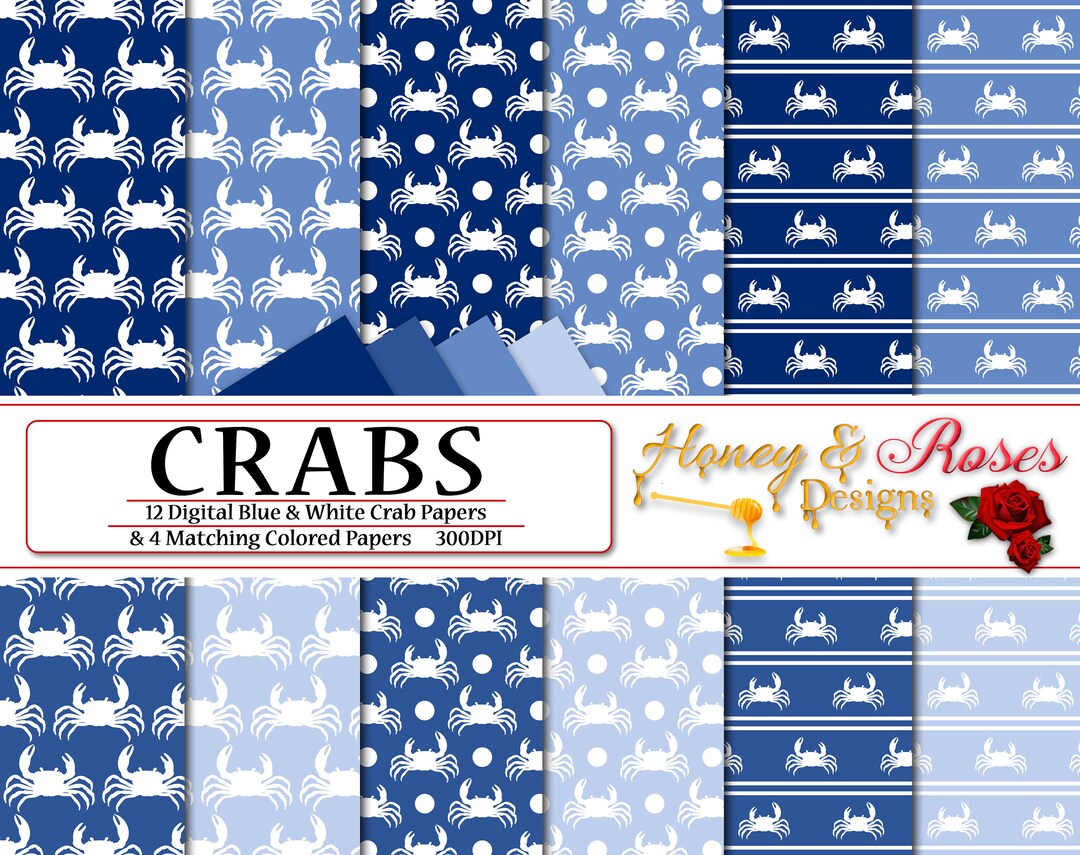 CRABS Digital Papers Blue & White, 12" X 12" High Quality JPEG Files ...