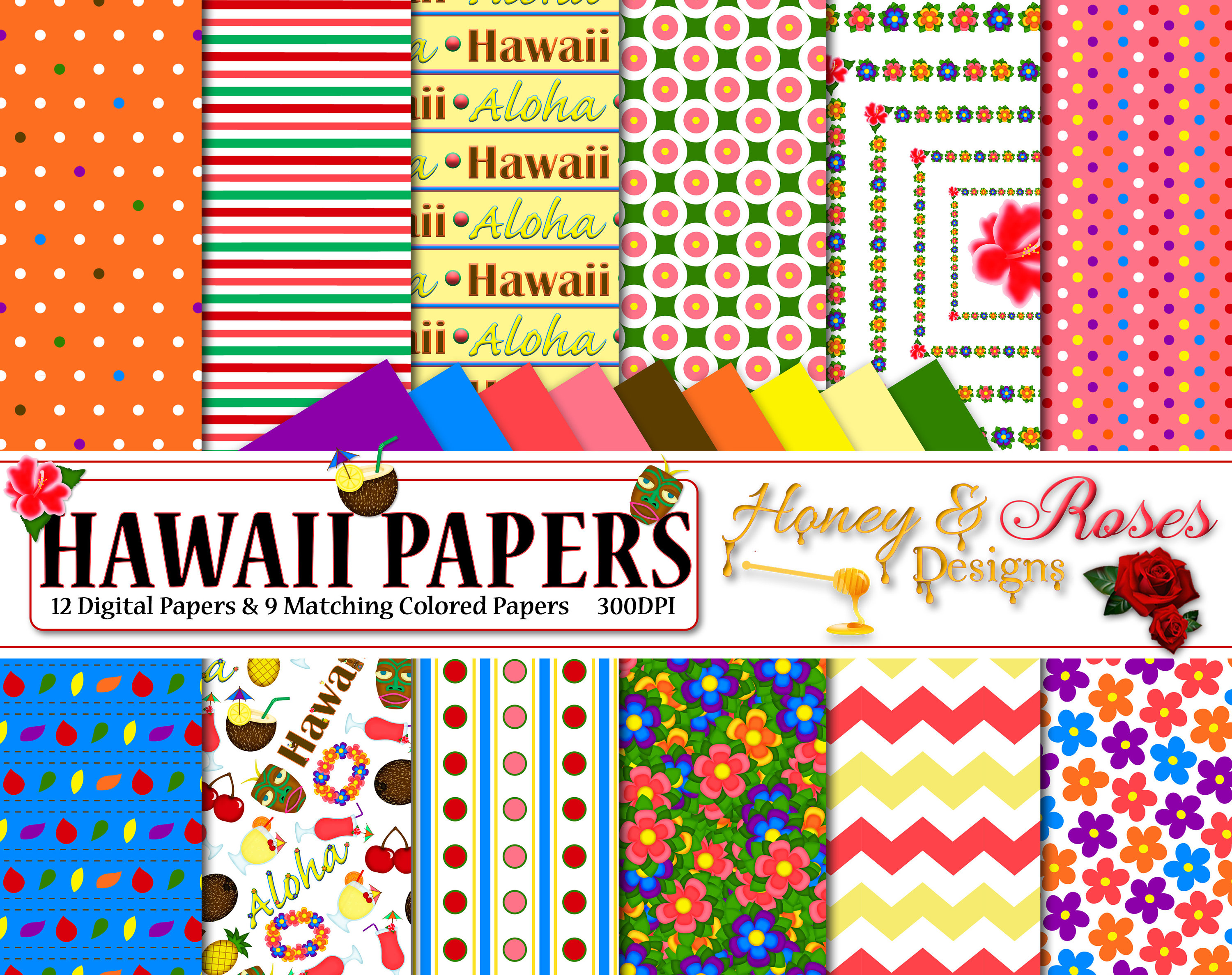 HAWAII Digital Papers, 12" X 12" High Quality Jpegs, Hawaiian, Flower ...