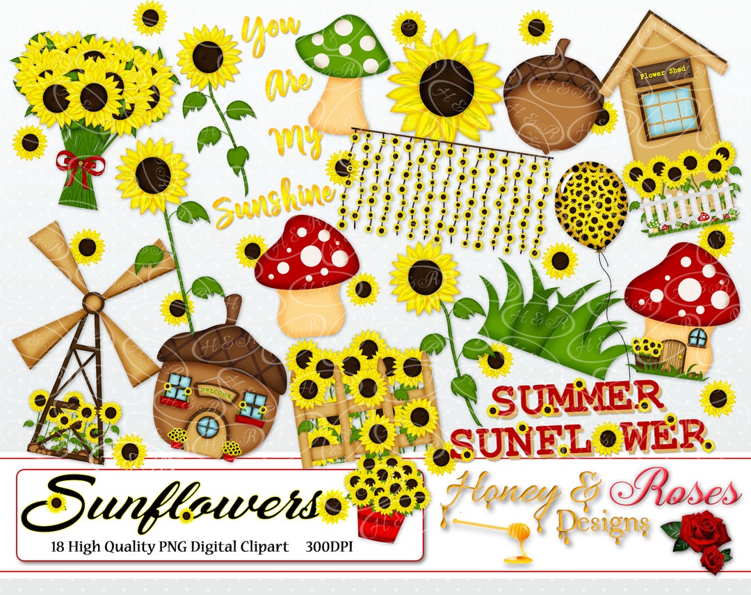 SUNFLOWERS Digital Clipart High Quality 300DPI Elements, Sunflower ...