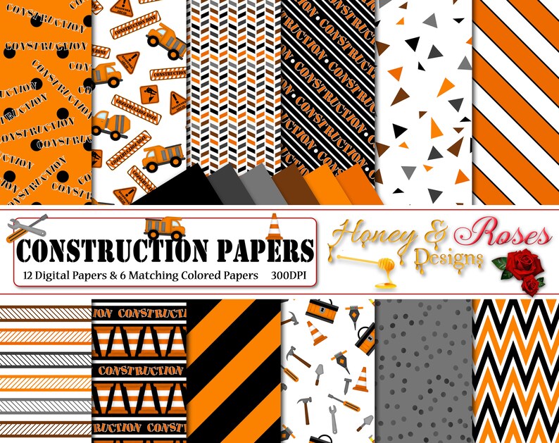 CONSTRUCTION Digital Papers, 12" X 12" High Quality Jpegs, Work Zone ...