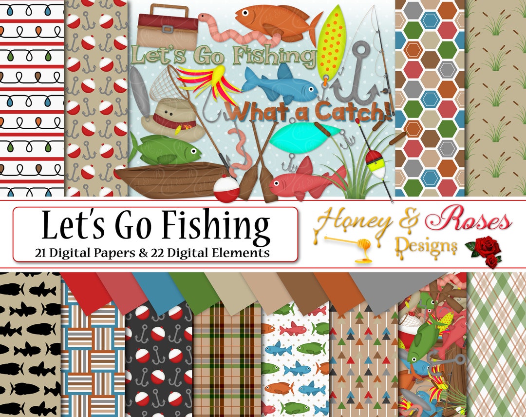 LET'S GO FISHING Digtal Papers & Clipart, 12" X 12" High Quality Jpegs ...