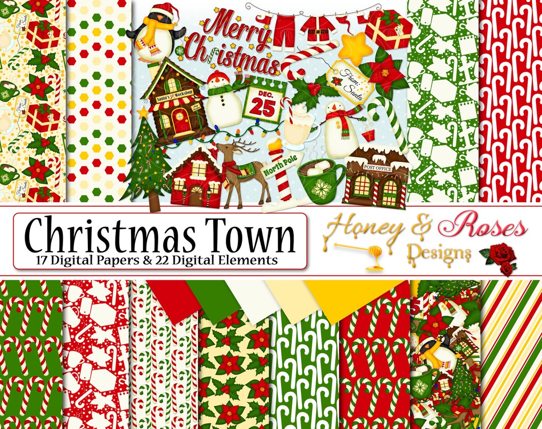 CHRISTMAS TOWN Digtal Papers & Clipart, 12" X 12" High Quality Jpegs ...