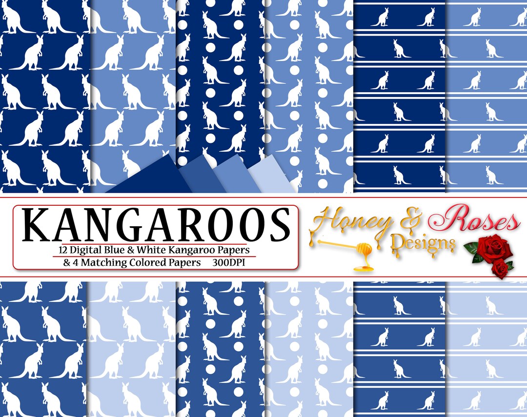 KANGAROOS Digital Papers Blue & White, 12" X 12" High Quality JPEG ...