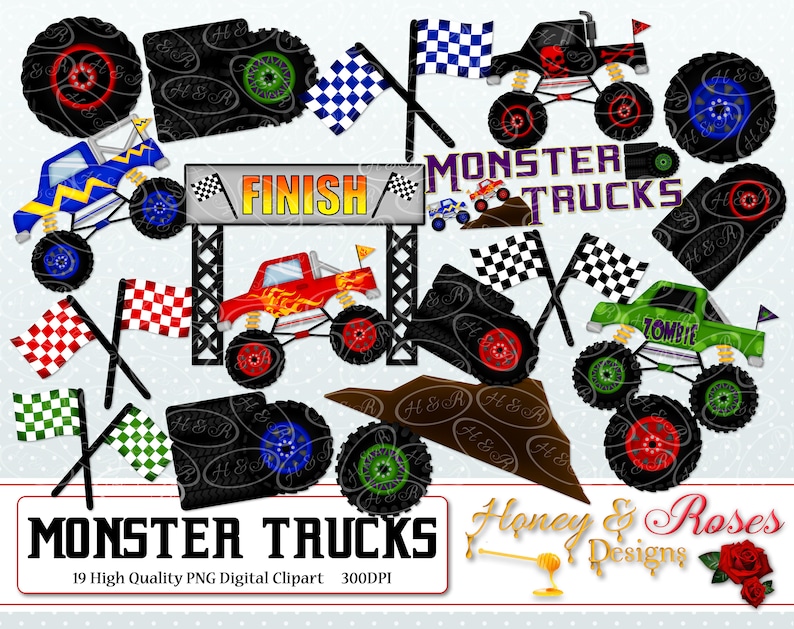 MONSTER TRUCKS Digital Clipart, High Quality 300DPI Elements, Racing ...