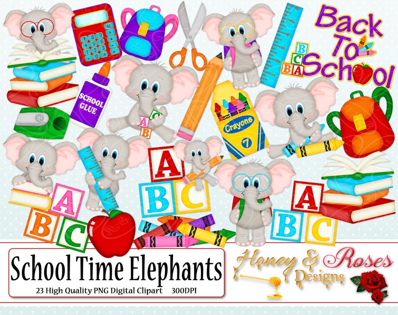 SCHOOL TIME ELEPHANTS Digital Clipart, High Quality 300DPI Elements ...