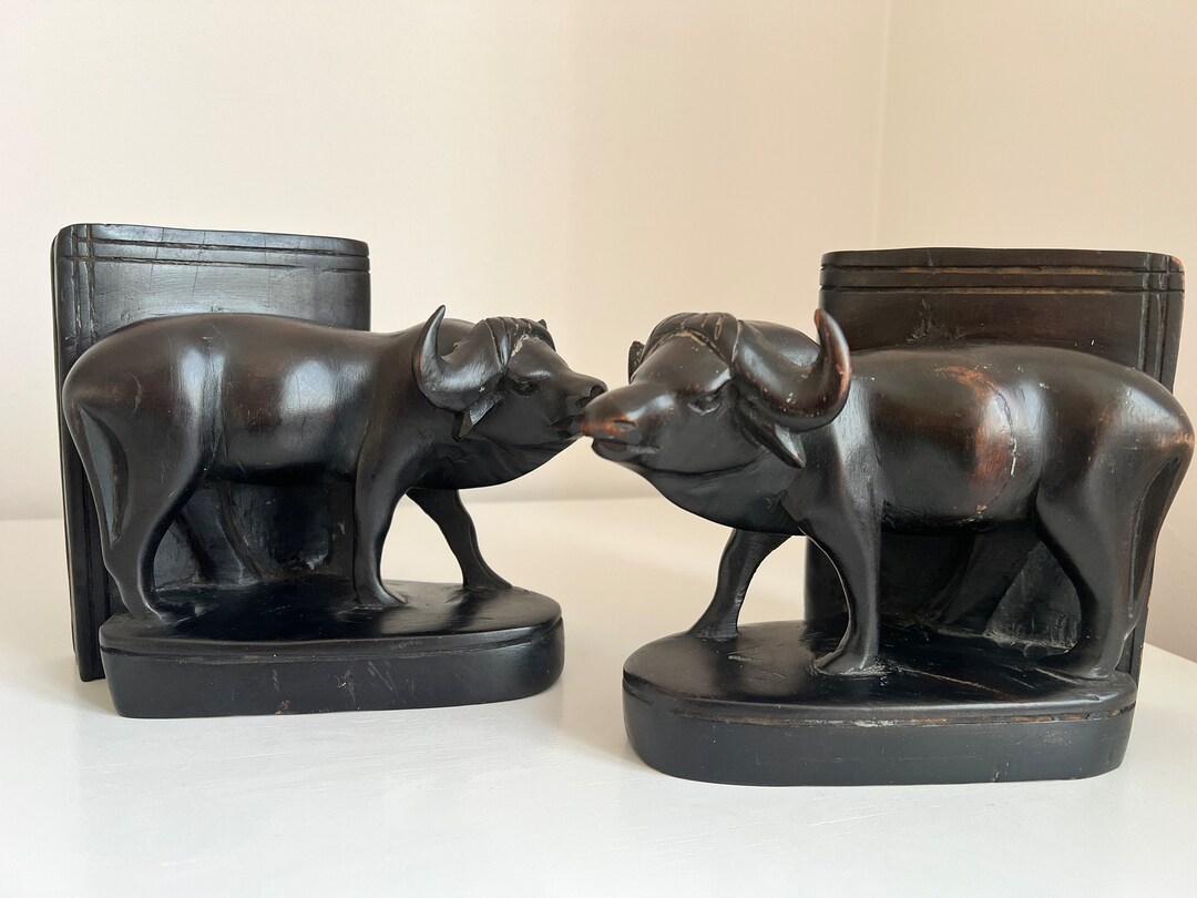 Vintage Hand Carved Wood Bookends Black Water Buffalo | Wildlife Home ...