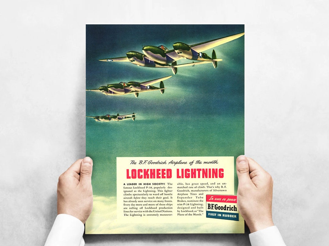 Vintage Airplane Poster P-38 Lockheed Lightning Poster Vintage B.F ...