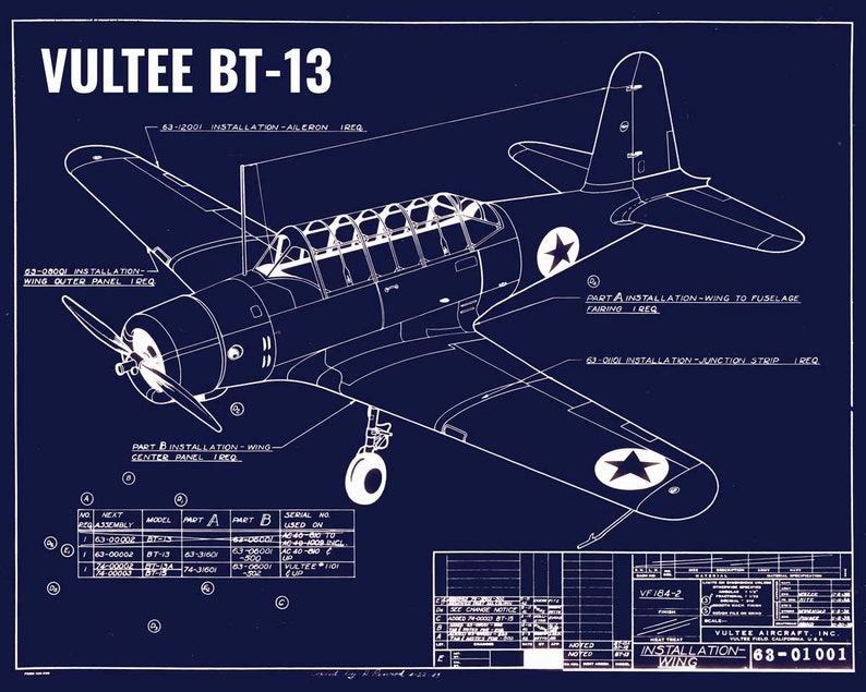Vultee BT-13 Vintage Plane Blueprint 100% Authentic WWII Art - Etsy