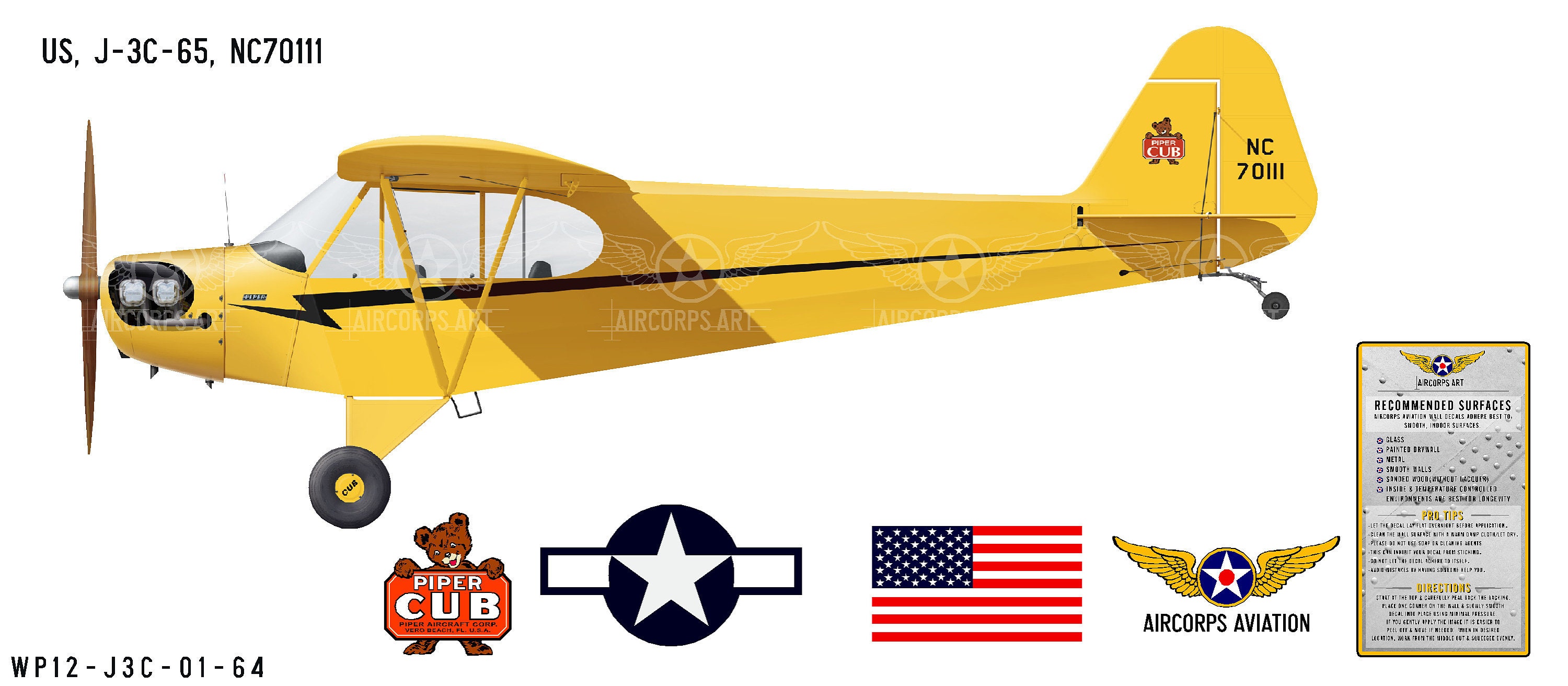 J-3 Piper Cub Airplane Profile Wall Art Decal Print Art | Etsy
