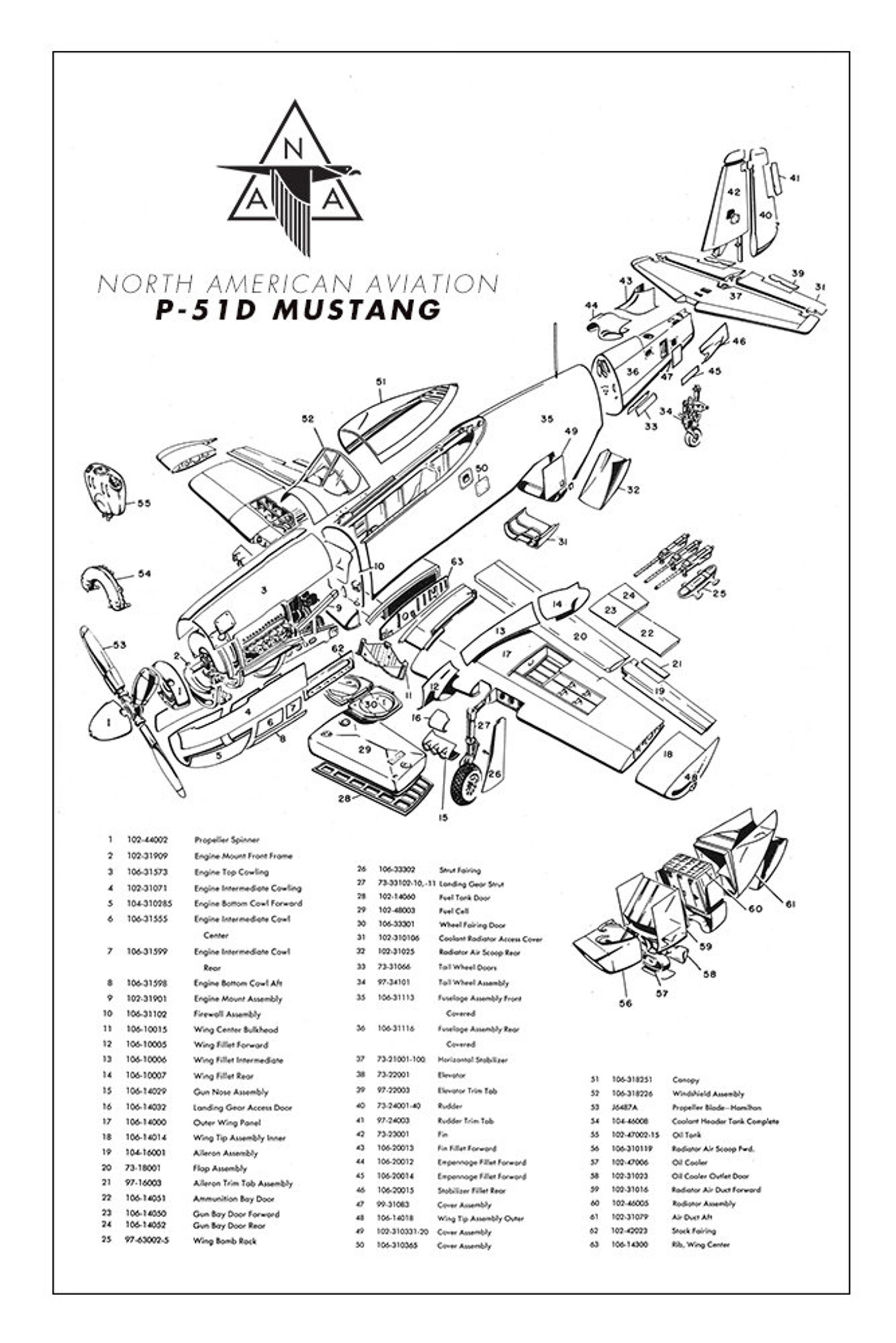 Vintage Airplane Poster P-51D Mustang P51 Exploded View - Etsy