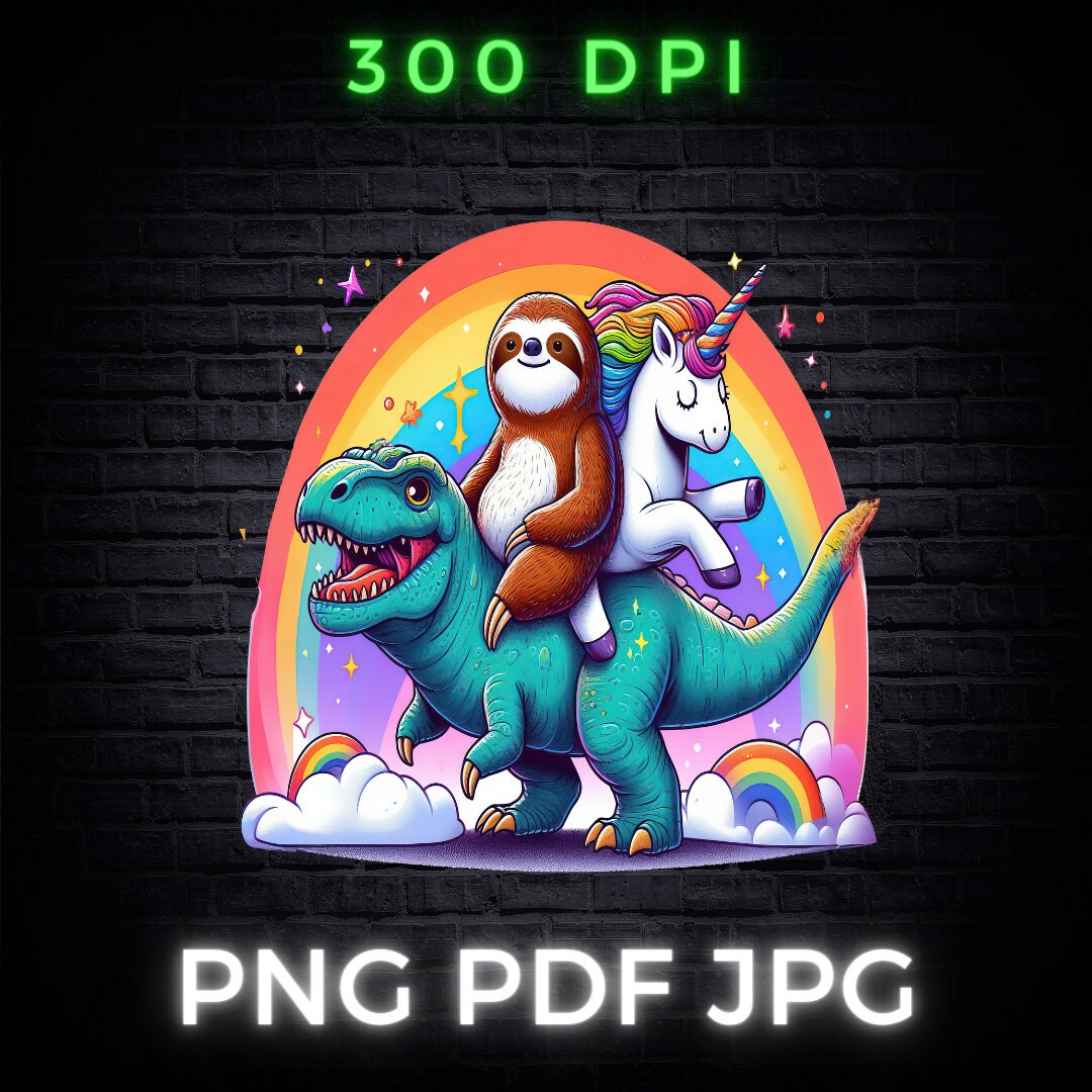 Unicorn Sloth T-rex Dinosaur for 100 Days of School Clipart. 300 DPI ...