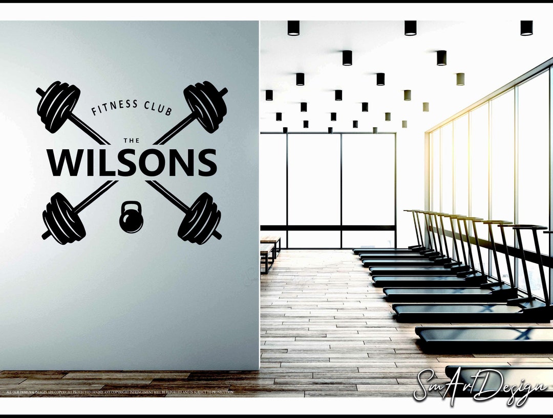 Gym Sign CUSTOM Text and Name Crossed Dumbbells Wall Decal Fitness Club ...