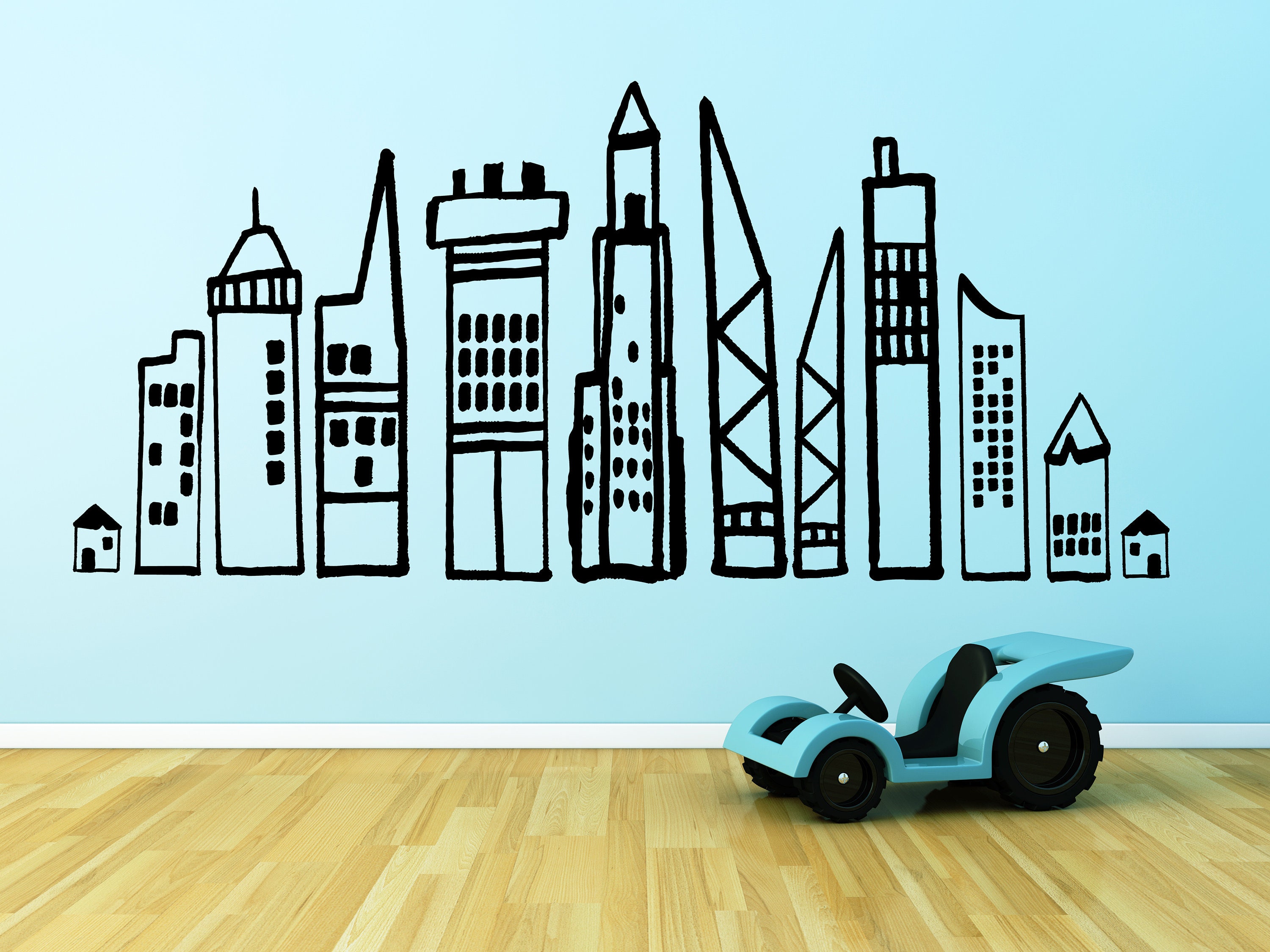 City Skyline Decal Hand Drawn Town Vinyl Wall Decal - Etsy