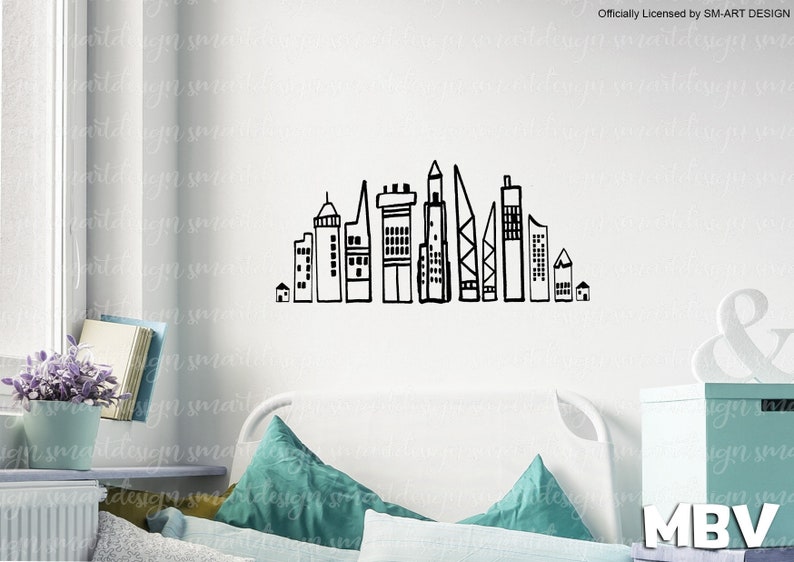 City Skyline Decal Hand Drawn Town Vinyl Wall Decal | Etsy