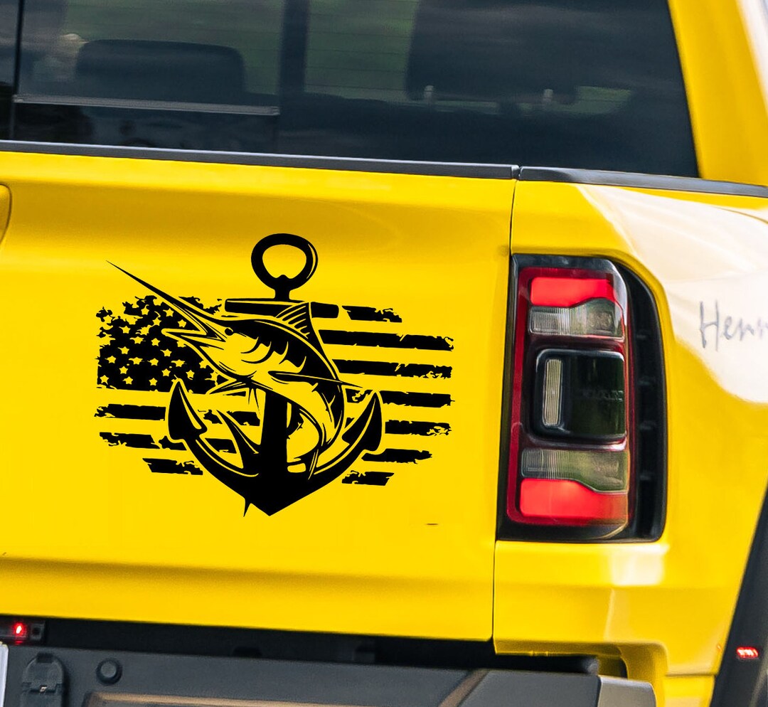 American Fishing Decal: Marlin Anchor, Distressed USA Flag - Car, Boat ...