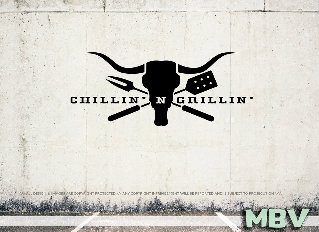 Cow Skull - Chillin' N Grillin' Decal - Wall Quote - Longhorn Cow - BBQ ...