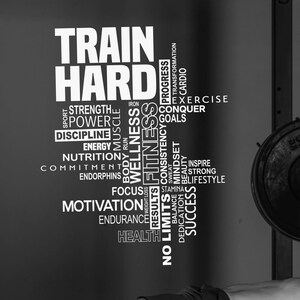 Train Hard Vinyl Gym Wall Decal , Large Fitness Collage, Inspirational ...