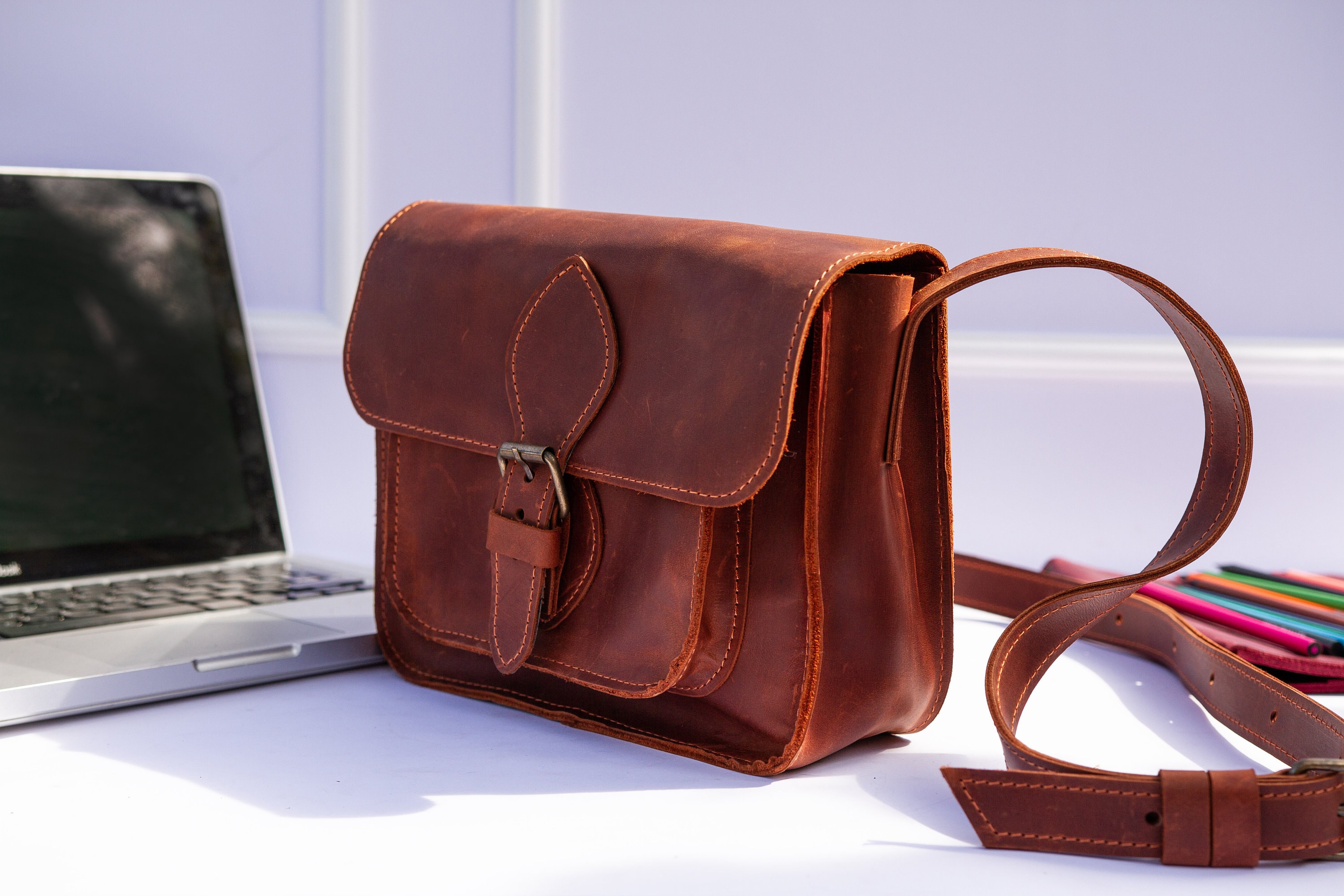 Leather laptop bagWomens leather crossbody bagSmall | Etsy