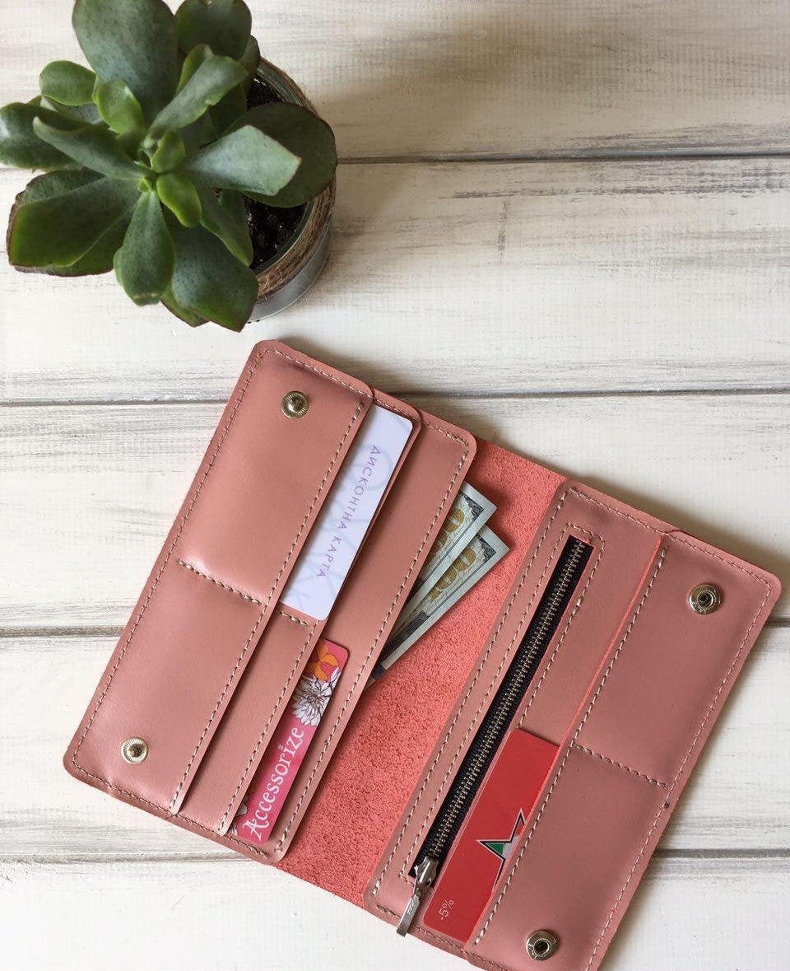 Pink Leather Women Walletminimalist Walletslim - Etsy