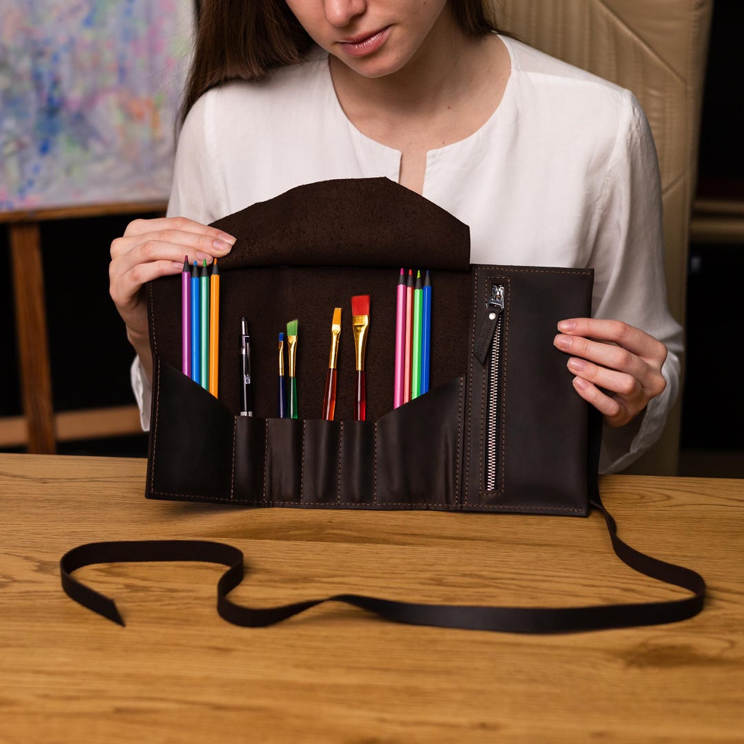 Leather Pencil Roll Custom, Leather Artist Roll Case, Pencil Wrap Ruler ...