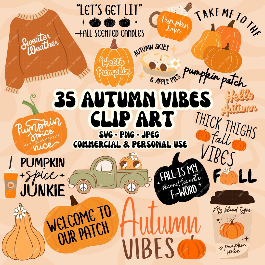 Autumn Vibes Clip Art Bundle SVG Vector Art PNG Transparent Leaves ...