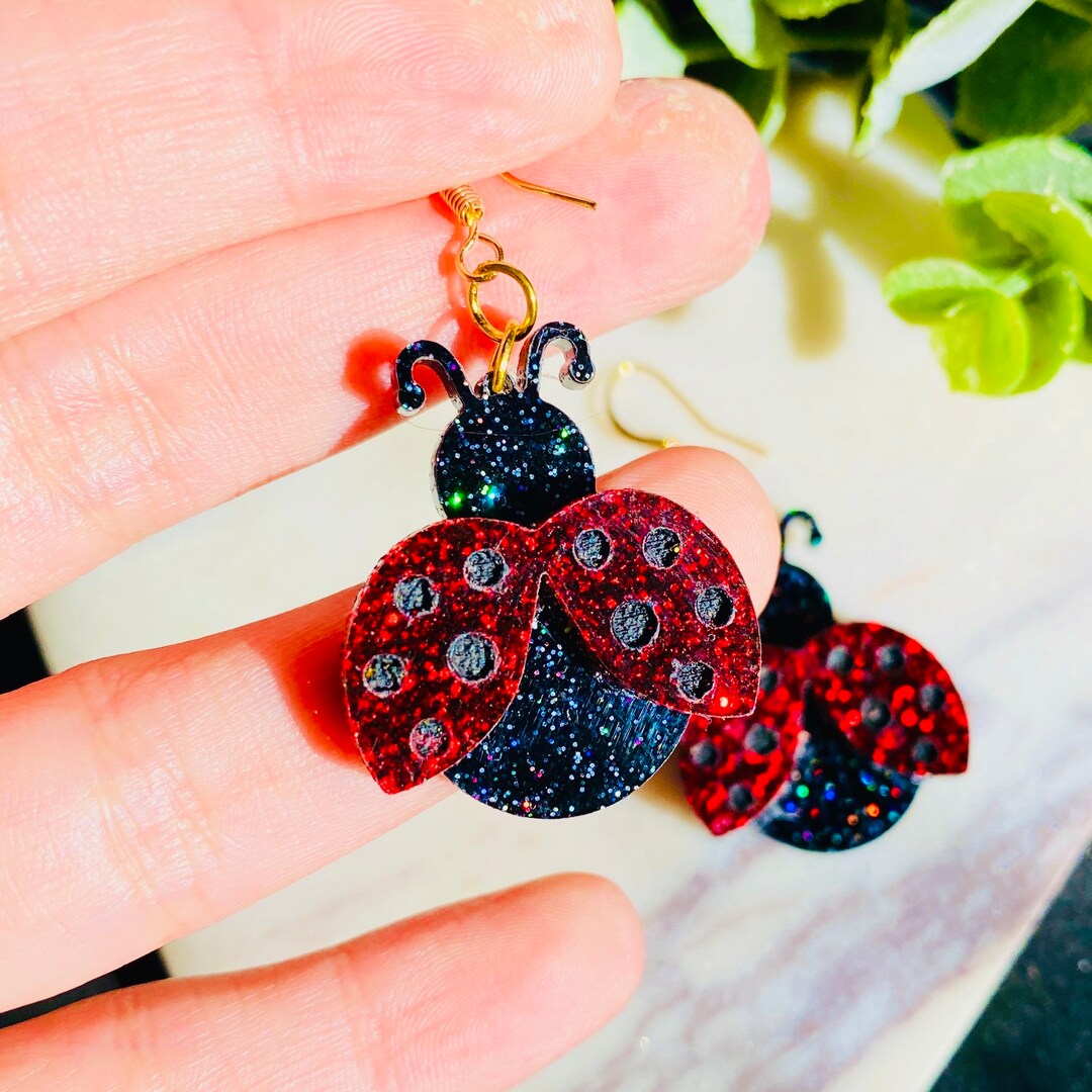 Glitter Acrylic Ladybug Earrings: Red and Black Insect Dangle Earrings ...