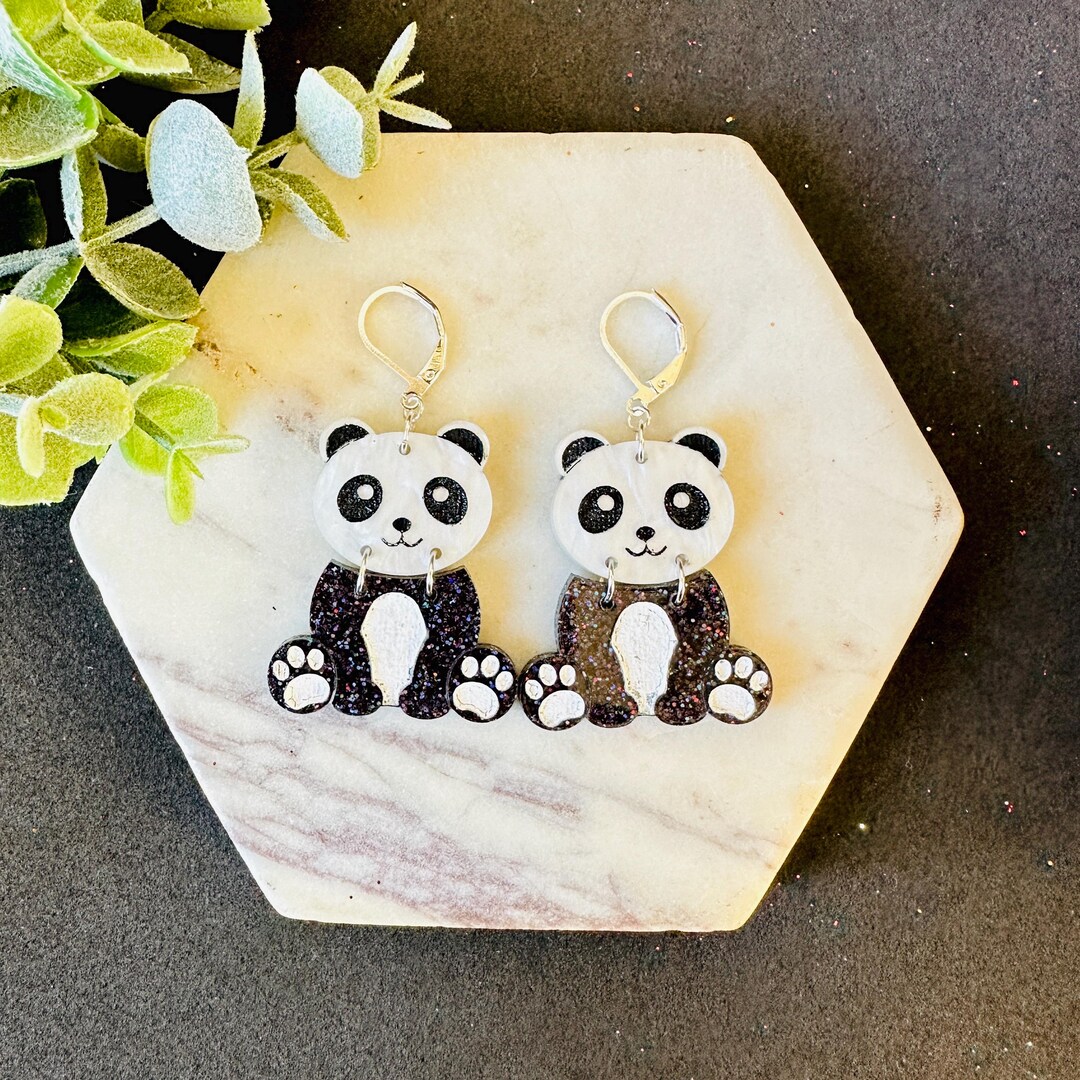 Panda Earrings Cute Asian Panda Bear Dangle Earrings Statement Glitter ...