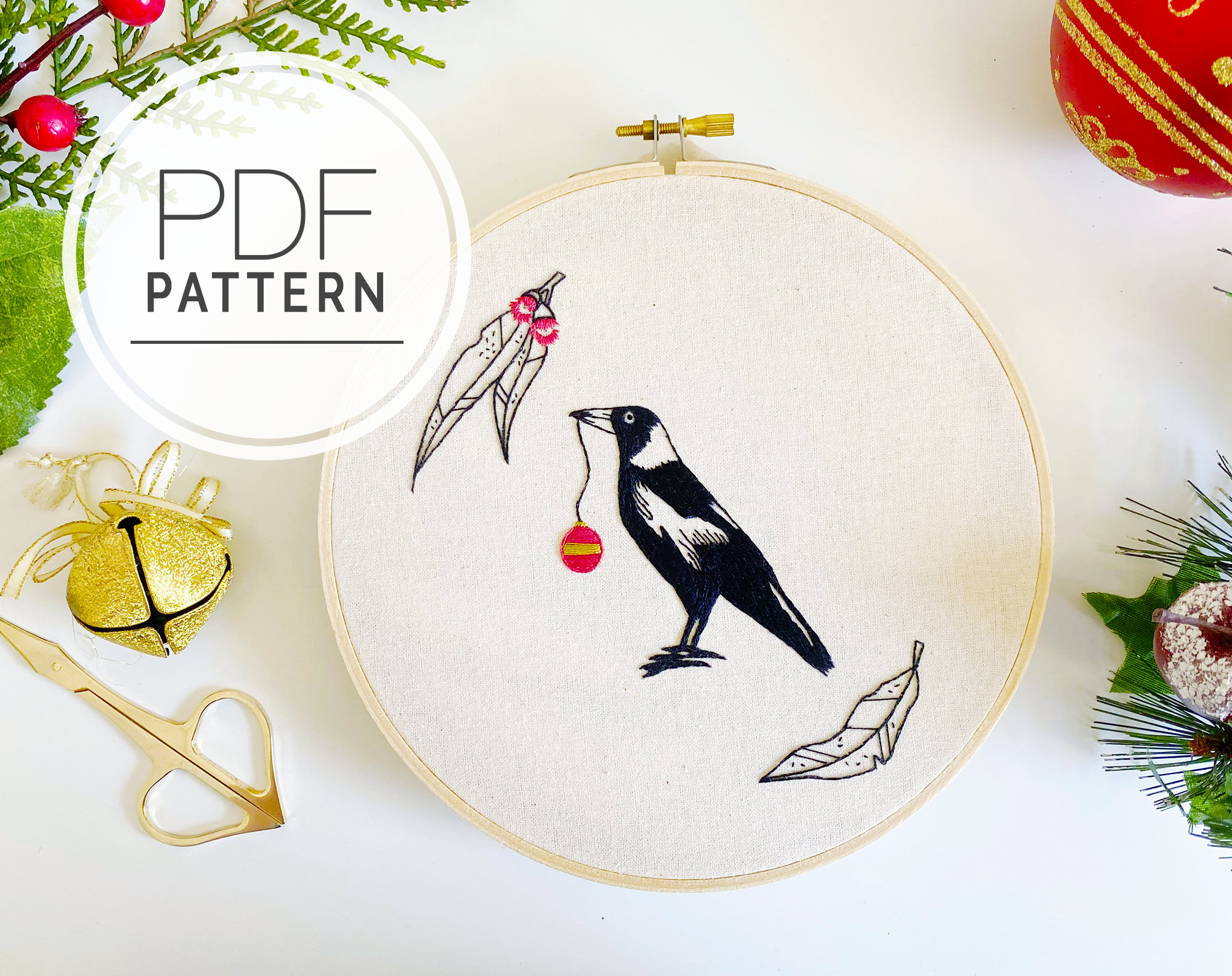 PDF EMBROIDERY PATTERN ⨯ Christmas Magpie | Australian Bird Animal ...