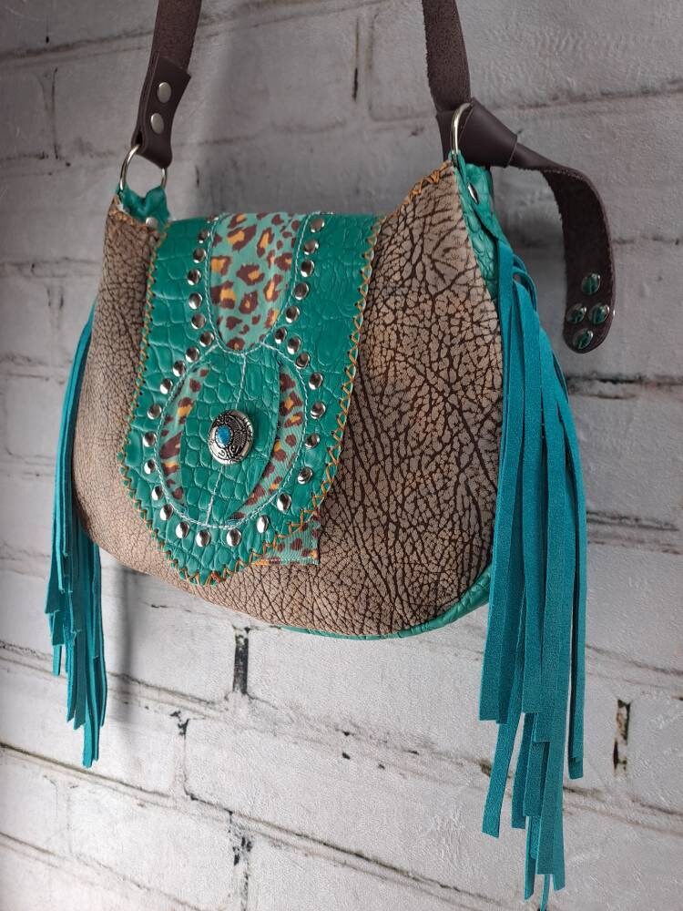 Leather Blue Turqueoise Hippie/ Unique Purse/ Fringe Handbag Leather ...