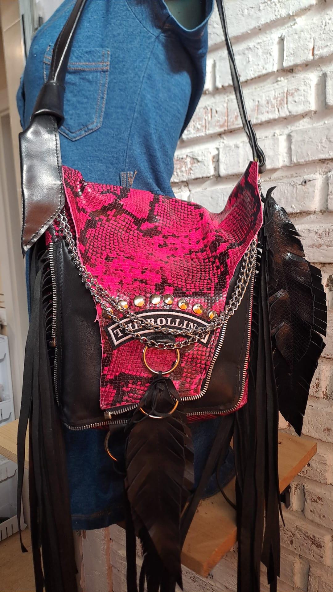 Leather Heavy Pink Bag Rocker/ Black Snake Handbag Fringe/ Skull Rock ...
