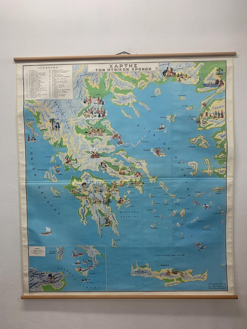 Vintage Greek Mythology Map Pull Down Chart, Classroom Wall Map, Greek ...