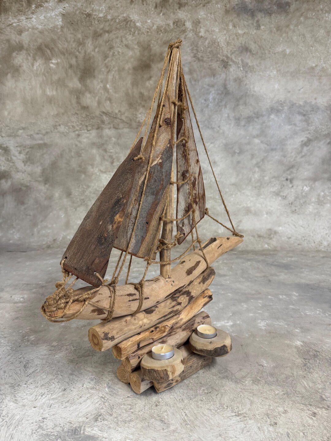 Wooden Boat Sculpture With Trees Trunks and Trees Barks, Greek ...