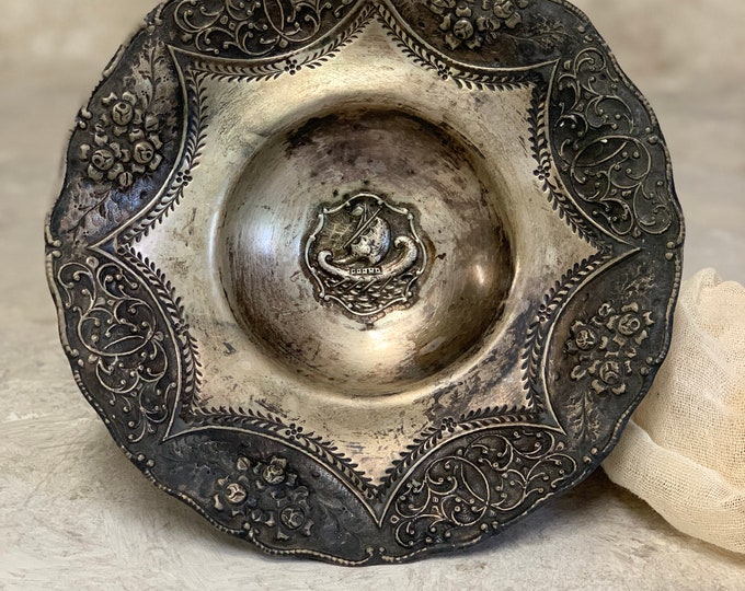 Antique Silver Plate Bowl, Round Triped Footed Disk With Flowers on Rim ...