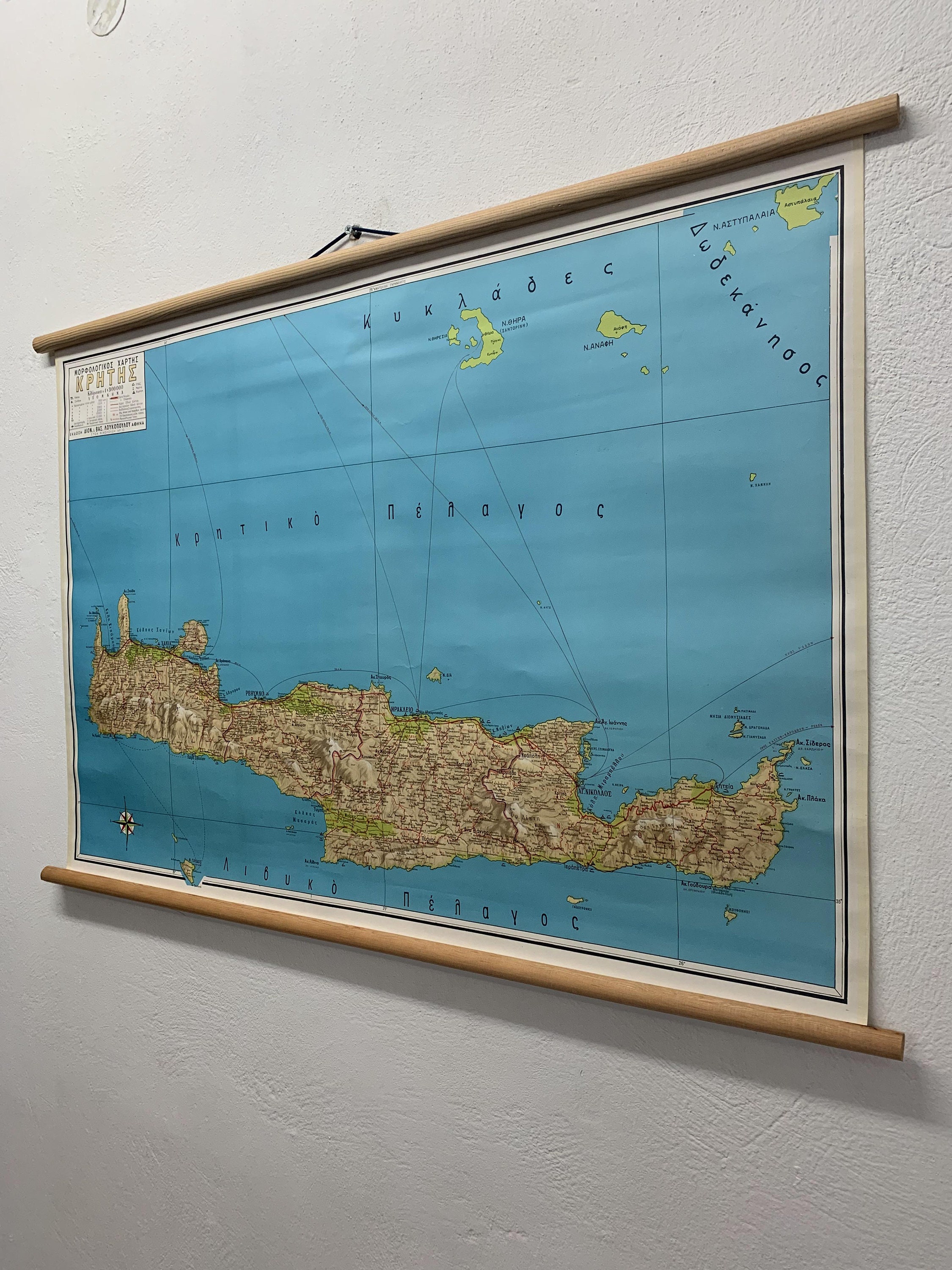 Vintage Wall Map of Crete Greece, Crete Map Geography School Map Pull ...