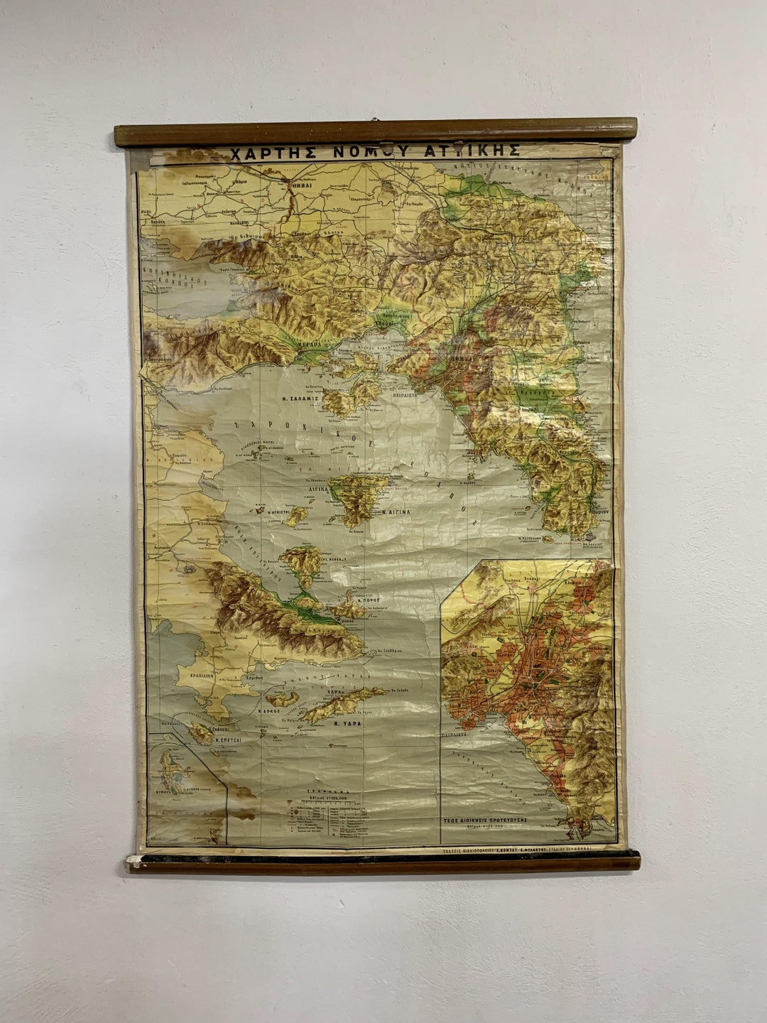 Vintage Greek Lithograph Map, Stunning Attiki-viotia & Saronic Islands ...