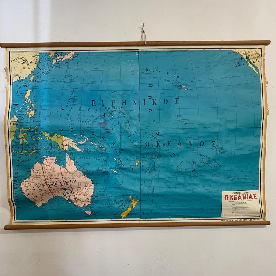 Vintage Political Map Oceania Australia, Pull-down School Chart on ...