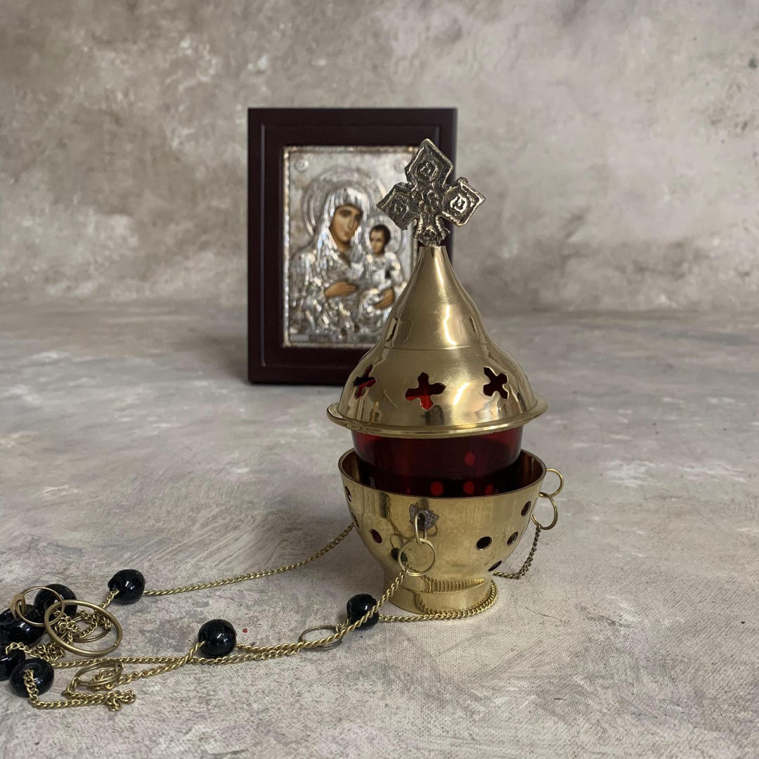 Greek Orthodox Brass Hanging Wall Vigil Oil Lamp & Glass With Chains ...