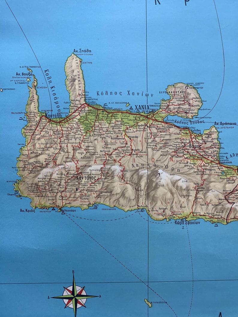 Vintage Wall Map of Crete Greece, Crete Map Geography School Map Pull ...