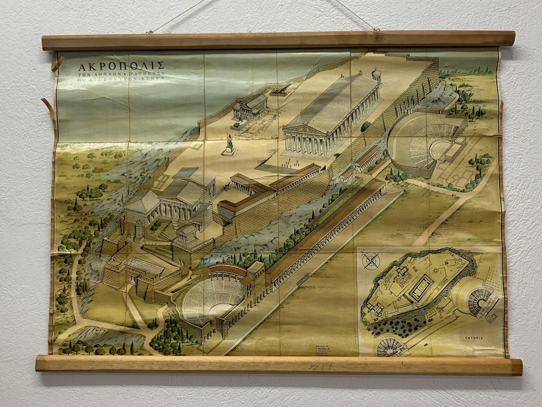 Rare Acropolis Chart Acropolis of Athens School Map Vintage Greek Map ...