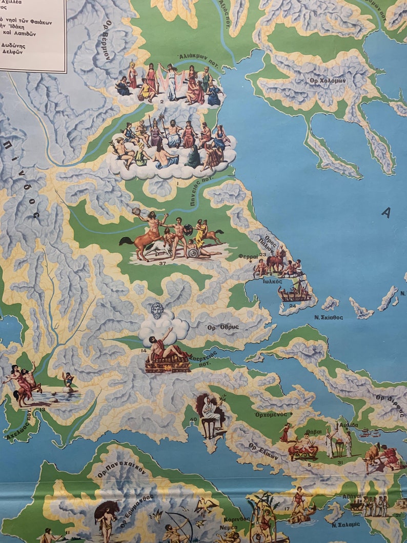Vintage Greek Mythology Map Pull Down Chart, Classroom Wall Map, Greek ...