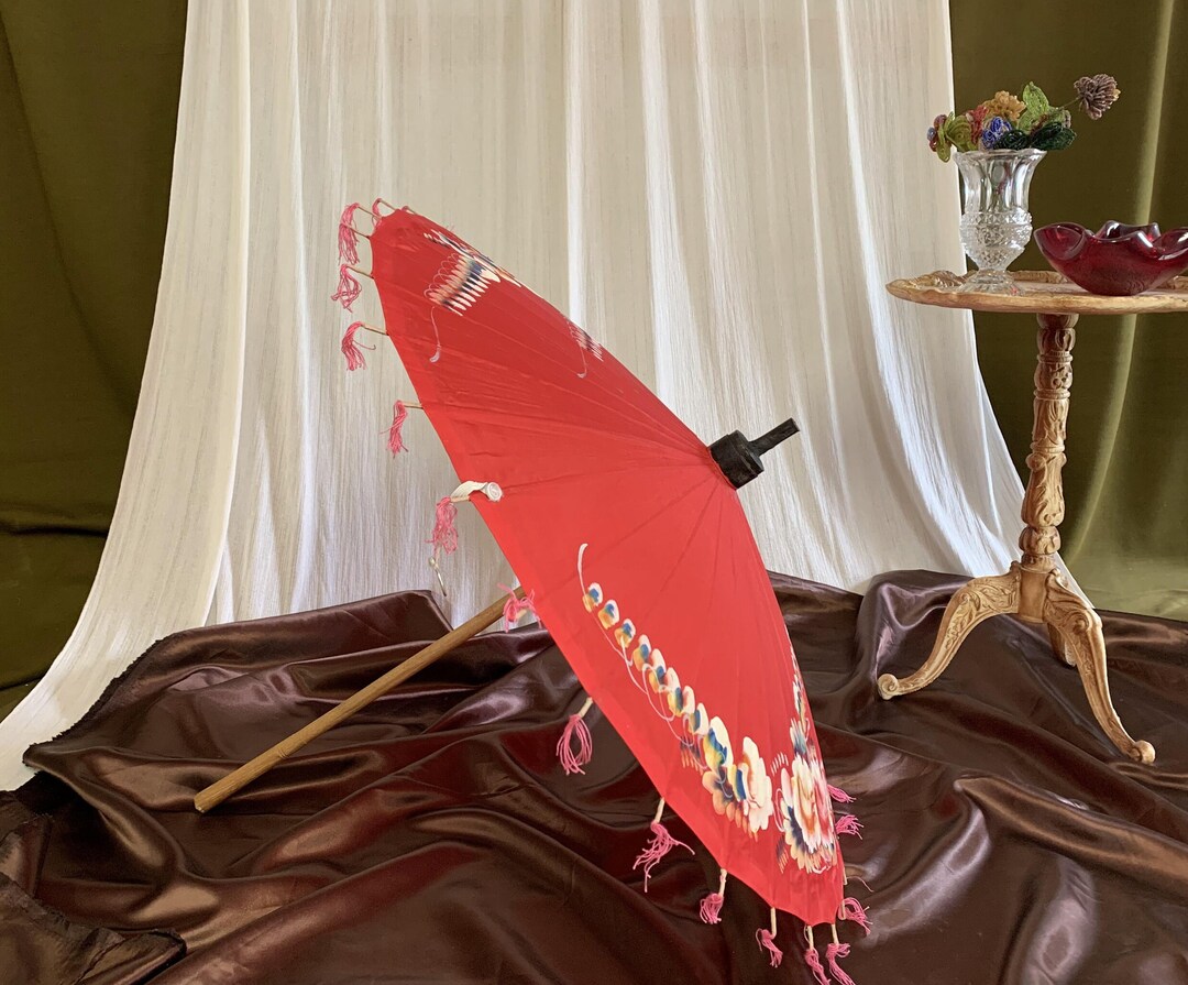 Hand Painted Parasol, Bamboo Umbrella, Vintage Japanese Bamboo Parasol ...