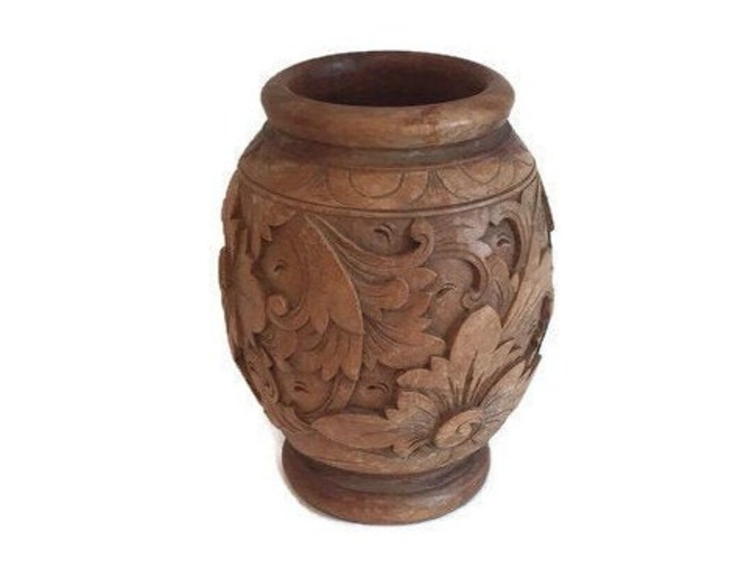 Antique Hand Carved Wood Ornate Vase, Vintage Indonesian Artisan Vase ...
